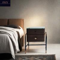 China Walnut Pattern Nightstand Luxury Bedroom Furniture Double Drawer Tempered Glass Surface Design for sale