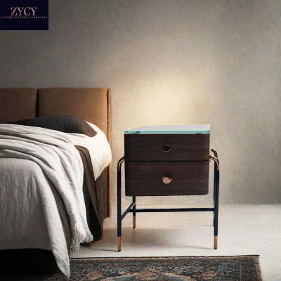 China Walnut Pattern Nightstand Luxury Bedroom Furniture Double Drawer Tempered Glass Surface Design for sale