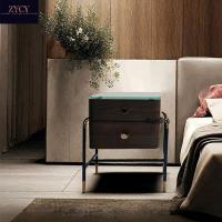 China Walnut Pattern Nightstand Luxury Bedroom Furniture Double Drawer Tempered Glass Surface Design for sale