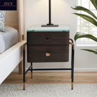 China Walnut Pattern Nightstand Luxury Bedroom Furniture Double Drawer Tempered Glass Surface Design for sale