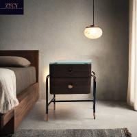 China Walnut Pattern Nightstand Luxury Bedroom Furniture Double Drawer Tempered Glass Surface Design for sale