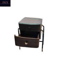 China Walnut Pattern Nightstand Luxury Bedroom Furniture Double Drawer Tempered Glass Surface Design for sale