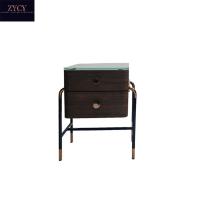China Walnut Pattern Nightstand Luxury Bedroom Furniture Double Drawer Tempered Glass Surface Design for sale