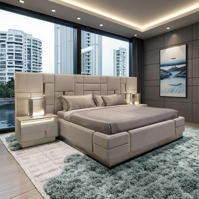 China Frosted Leather Bed Stainless Steel Decoration Modern Large Size Double Set Design for sale