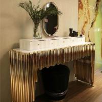 China Gold Stainless Steel Makeup Vanity Table Mirror Drawers Modern Bedroom Stand for sale