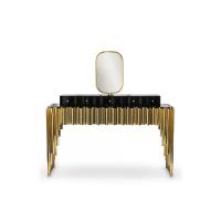 China Gold Stainless Steel Makeup Vanity Table Mirror Drawers Modern Bedroom Stand for sale