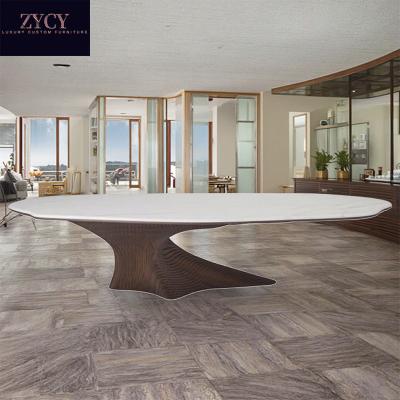 China Italian Oval Sintered Stone Dining Table Luxury Dining Room Furniture Wooden Root Base Custom Chairs for sale