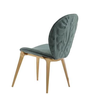 China Velvet Upholstered Shell Shape Dining Chair Luxury Dining Room Furniture Oval Back Gold Metal Legs for sale