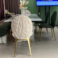 China Velvet Upholstered Shell Shape Dining Chair Luxury Dining Room Furniture Oval Back Gold Metal Legs for sale