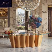 China Designer Wave Shaped Tempered Glass Dining Table Luxury Dining Room Furniture Villa Art Flower Elliptical for sale