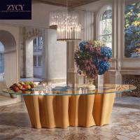 China Designer Wave Shaped Tempered Glass Dining Table Luxury Dining Room Furniture Villa Art Flower Elliptical for sale