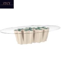 China Designer Wave Shaped Tempered Glass Dining Table Luxury Dining Room Furniture Villa Art Flower Elliptical for sale