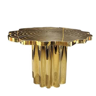 China Stainless Steel Electroplated Mirror Round Table Luxury Dining Room Furniture Luxurious Engraved Decor for Home for sale