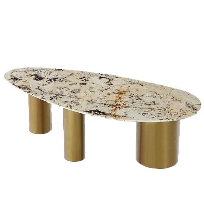 China Italian Natural Marble Drop Shaped Dining Table Luxury Dining Room Furniture High End Stainless Steel for sale