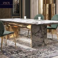 China 6 Seater Rectangular Sintered Stone Dining Table Gold Metal Legs for Home Kitchen Villa Hotel for sale
