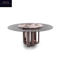 China Glass Round Dining Table Set Marble Rotating Surface Leather Upholstered Stainless Steel Chairs for Home for sale