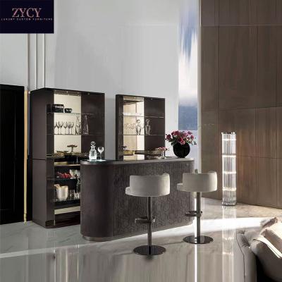 China Premium Open Back Wine Bar Set Solid Wood Table Integrated Sink Fridge Swivel Velvet Stools for sale