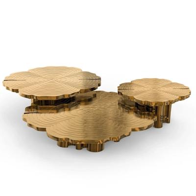 China Gold Coffee Table Set Luxury Living Room Furniture Irregular Etched Wood Grain Modern Stainless Steel for sale