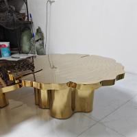 China Gold Coffee Table Set Luxury Living Room Furniture Irregular Etched Wood Grain Modern Stainless Steel for sale