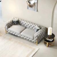 China Italian Leather Button Down Three Seater Sofa Luxury Living Room Furniture Stainless Steel Base for sale