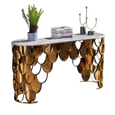 China Fish Scale Pattern Corner Table Modern Entryway Furniture High End Stainless Steel Marble Surface for sale