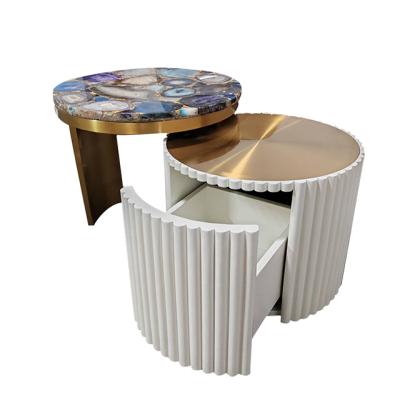 China Round Wooden Telescopic Drawer Coffee Table Luxury Living Room Furniture Rotating Natural Agate Side Table for sale