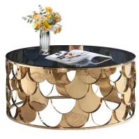 China Tempered Glass Fish Scale Round Coffee Table Set Luxury Living Room Furniture Stainless Steel Marble for sale