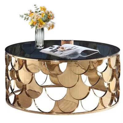 China Tempered Glass Fish Scale Round Coffee Table Set Luxury Living Room Furniture Stainless Steel Marble for sale