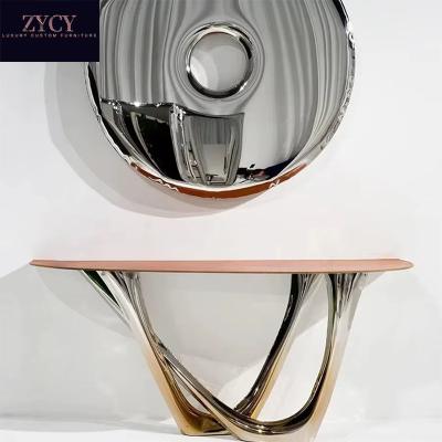 China Wall Mounted Console Table Modern Entryway Furniture Stainless Steel Leather Semi Circular for sale