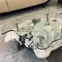 China Advanced Wood Veneer Coffee Table Luxury Living Room Furniture Tempered Glass Marble Special Shape for sale