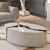 China European Modern Solid Color Oval Coffee Table Set Luxury Living Room Furniture Mirror Face Metal Steel for sale