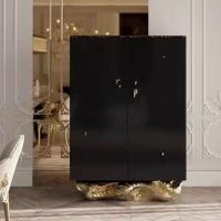China Black Solid Wood Wine Cabinet Luxury Living Room Furniture Brass Base Storage Display for sale