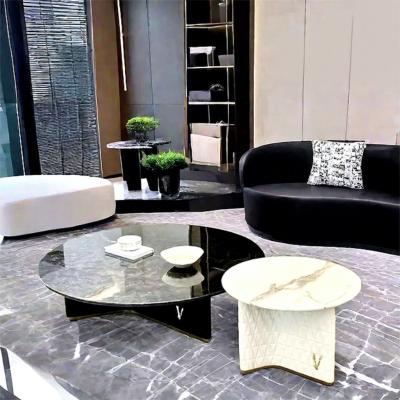 China Oval Black Marble Top Coffee Table Set Gold Accent Base Modern Side Table for sale