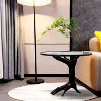 China Movable FRP Coffee Table Tempered Glass Top Metal Frame Palm Leaf Design for sale
