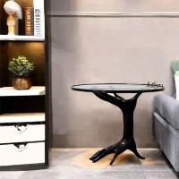 China Movable FRP Coffee Table Tempered Glass Top Metal Frame Palm Leaf Design for sale