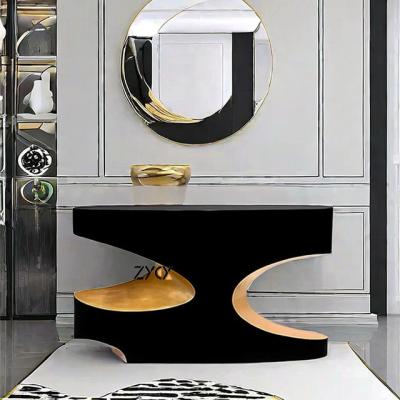 China Modern Luxury Living Room Coffee Table Stainless Steel Wood Irregular Angle Console for sale