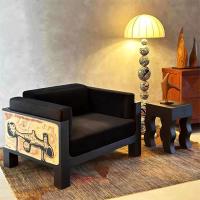 China Creative Solid Wood Carved Velvet Single Sofa Chair for Living Hall Villa Apartment for sale