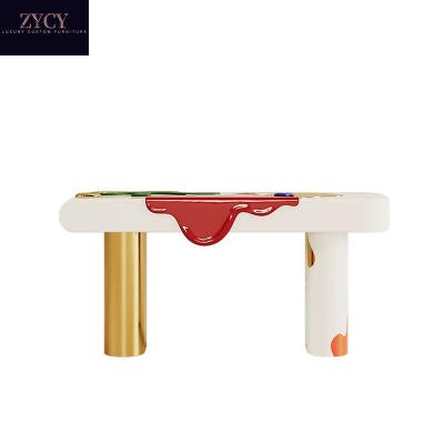 China Contemporary Abstract Side Table Hand Painted Solid Wood Gold Stainless Steel Leg Customized for sale