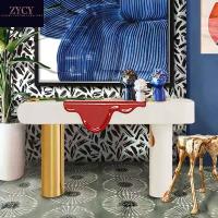 China Contemporary Abstract Side Table Hand Painted Solid Wood Gold Stainless Steel Leg Customized for sale