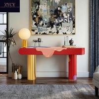 China Contemporary Abstract Side Table Hand Painted Solid Wood Gold Stainless Steel Leg Customized for sale