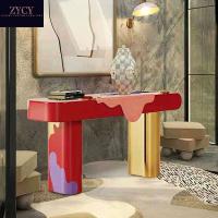 China Contemporary Abstract Side Table Hand Painted Solid Wood Gold Stainless Steel Leg Customized for sale
