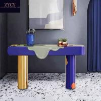 China Contemporary Abstract Side Table Hand Painted Solid Wood Gold Stainless Steel Leg Customized for sale