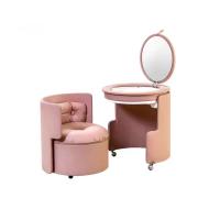 China Solid Wood Stainless Steel Vanity Set Italian Modern Dressing Table Leather Seat Flip Mirror for sale