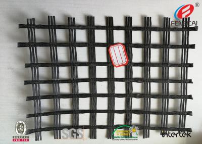 China Durable Polyester Geogrid Reinforcing Fabric 20-1200KN/m Tensile Strength 1-6m Width Black for sale