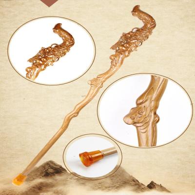 China Hand Carved Peach Wood Walking Stick 90cm Non Slip T Handle Cane for Hiking for sale