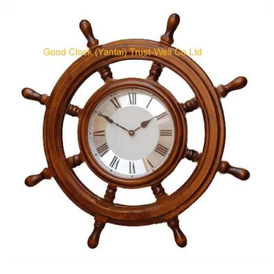 China Wooden Ship Steering Wheel Wall Clock 30 Inch Quartz Helm Clock for sale