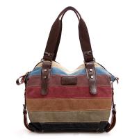 China Rainbow Striped Canvas Shoulder Bag 39x33x12cm Fashion Patchwork Women Water Wash Cloth Bag for sale