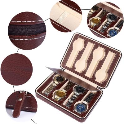 China Vintage 8-Bit PU Leather Watch Case 2-8 Slot Zipper Bag Rounded Corners Display Storage for sale