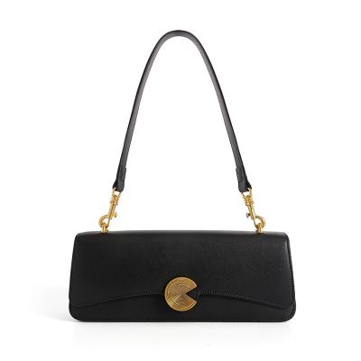 China Genuine Cowhide Shoulder Bag Women Crossbody Handheld Baguette Bag Retro Hardware 30x10x6cm for sale