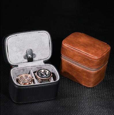China Two Watch Collection Jewelry Box Cowhide Leather Portable Storage Case with Removable Pillow for sale